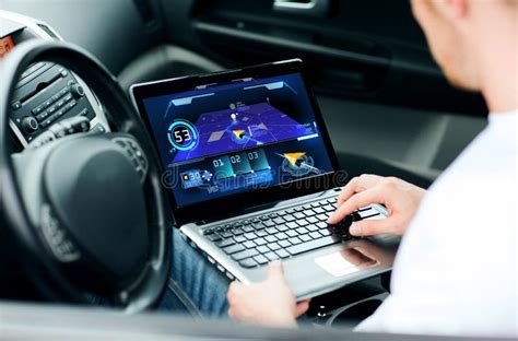 Man Using Navigation On Laptop Computer In Car Stock Image Image Of