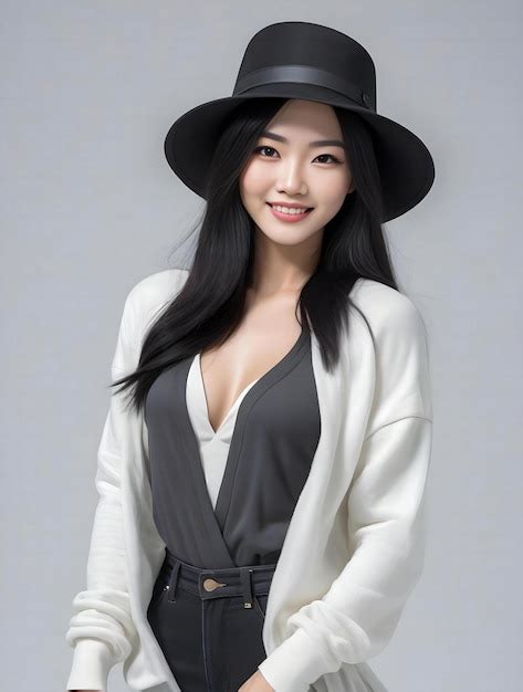Beautiful Asian Woman Wearing A Black Hat And White Jacket Premium Ai