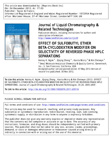 Pdf Effect Of Sulfobutyl Ether Beta Cyclodextrin Modifier On Selectivity Of Reversed Phase