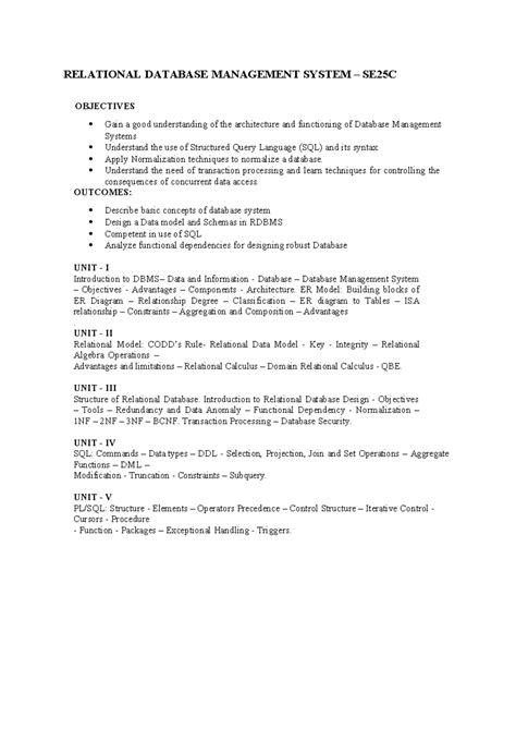 Relational Database Management System Syllabus Relational Database