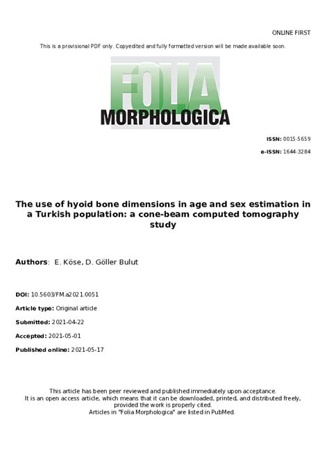 Pdf The Use Of Hyoid Bone Dimensions In Age And Sex Estimation In A Turkish Population A Cone
