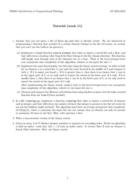 Ps0001 Tut11 Tutorial 11 Ps0001 Introduction To Computational Thinking Ay 2018 Tutorial