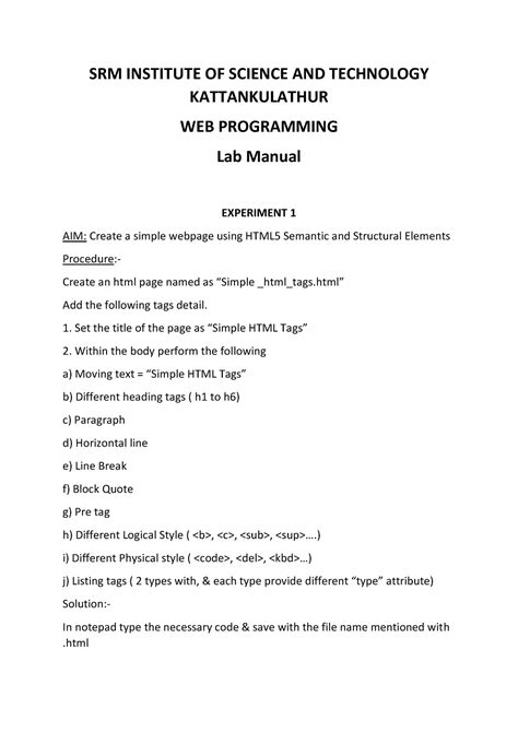 Web Programming Lab Manual Srm Institute Of Science And Technology