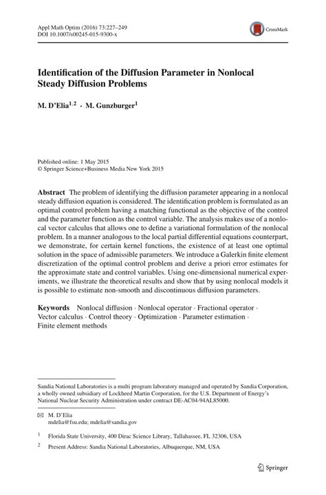 Pdf Identification Of The Diffusion Parameter In Nonlocal Steady