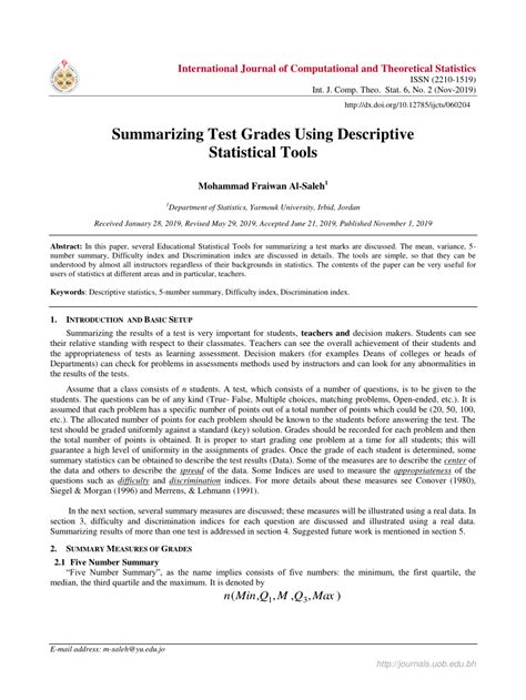 Pdf International Journal Of Computational And Theoretical Statistics Summarizing Test Grades