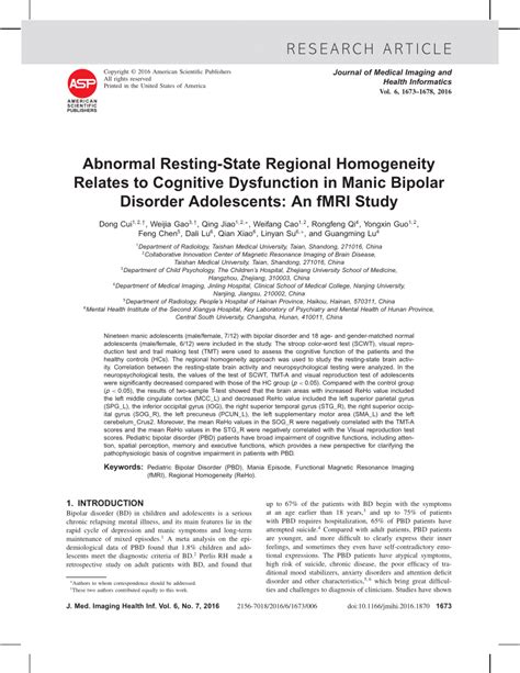 Pdf Abnormal Resting State Regional Homogeneity Relates To Cognitive Dysfunction In Manic