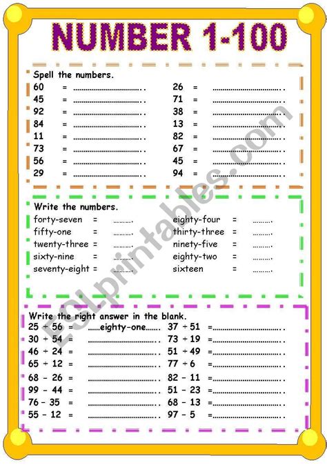 Fun Esl Number Worksheet Learn Numbers From 1 To 100 Fun Esl Number Worksheet Learn Numbers From 1 To 100