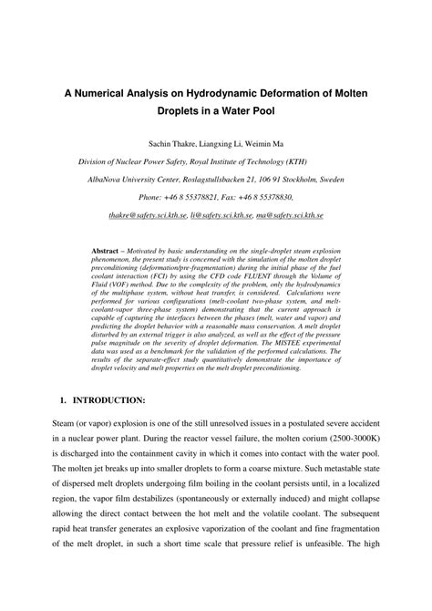 Pdf A Numerical Analysis On Hydrodynamic Deformation Of Molten Droplets In A Water Pool