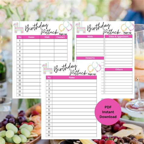 Potluck Sign Up Sheet Birthday Potluck Sign Up Sheet Birthday