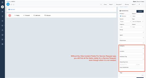 freshservice hide incident fields for service request integration