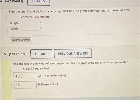 Solved Points DETAILS Find The Length And Width Of Chegg