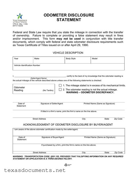 Texas Odometer Statement Form ️ Fillable Pdf Template