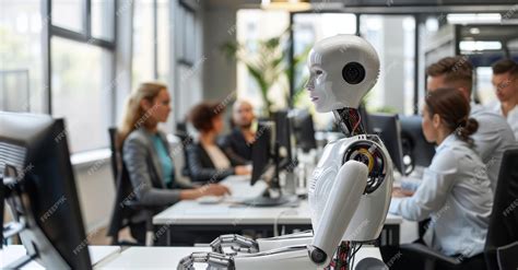 Premium Photo Robot Working At Computer Among People Machine Typing On Keyboard In Office