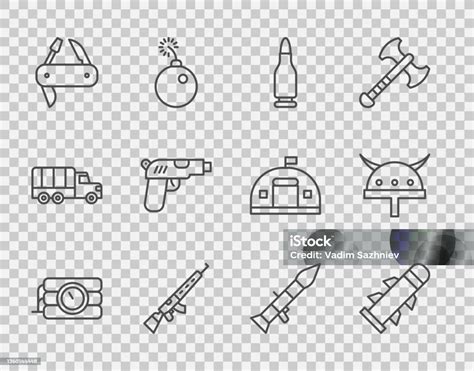 세트 라인 다이너마이트와 타이머 시계 로켓 총알 스코프가있는 스나이퍼 소총 스위스 군용 칼 권총 또는 총 발사기 및 바이킹은 뿔헬멧 아이콘으로 표시됩니다 벡터 강철에 대한