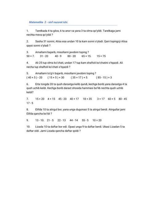2 Sinf Matematika Fanidan Nazorat Ishi Savollari Javoblari Bilan