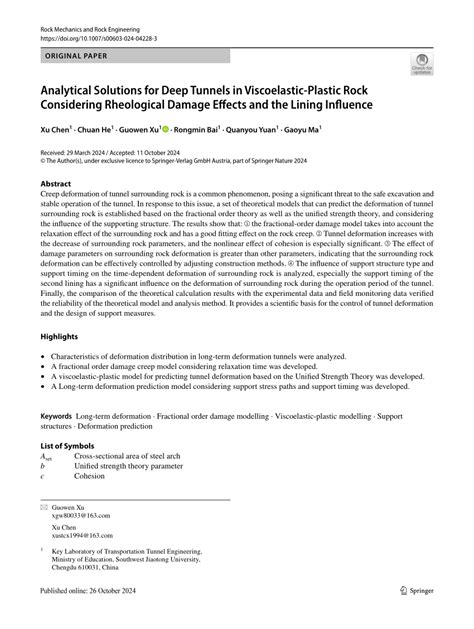 Pdf Analytical Solutions For Deep Tunnels In Viscoelastic Plastic Rock Considering Rheological