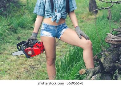 Beautiful Sexy Girl Cutting Wood Orchard Stock Photo Shutterstock