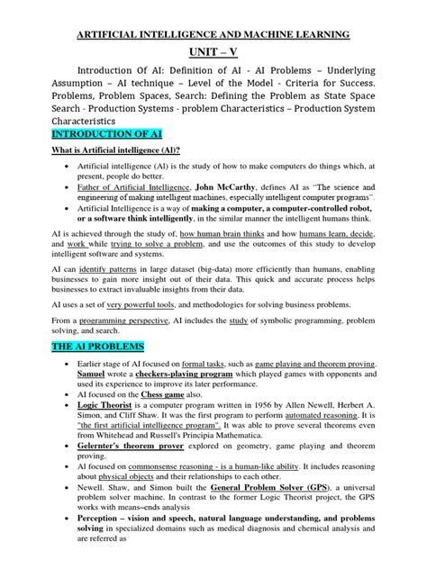 machine learning unit v notes pdf artificial intelligence