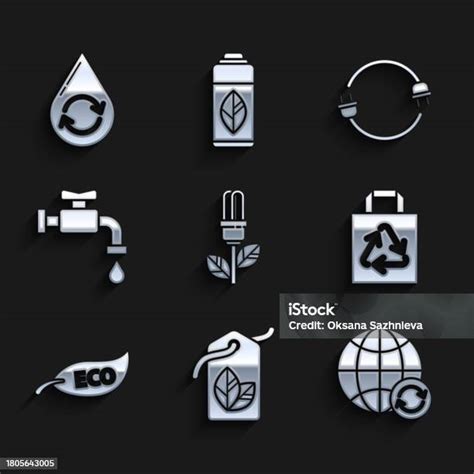 잎 태그 기호 행성 지구와 재활용 종이 쇼핑백 재활용 잎 에코 수도꼭지 전기 플러그 및 재활용 깨끗한 아쿠아 아이콘과 전구를 설정합니다 벡터 0명에 대한 스톡 벡터 아트 및