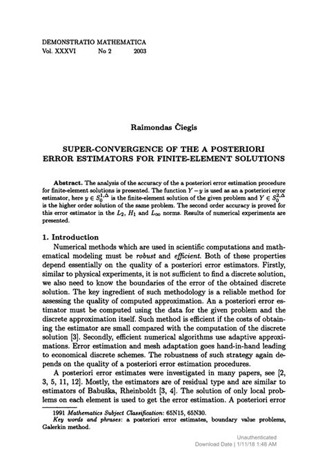 Pdf Super Convergence Of The A Posteriori Error Estimators For Finite