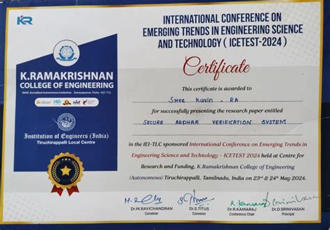 Sree Kavin On Linkedin Research Engineering Technology Aadharverification Icetest2024 Krce