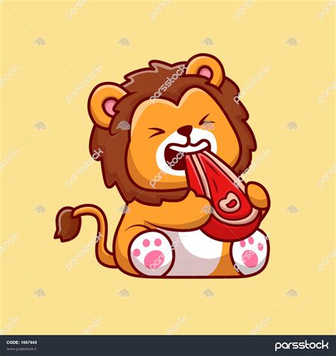 تصویر وکتور کارتونی شیر ناز در حال خوردن استیک گوشت گاو مفهوم آیکون