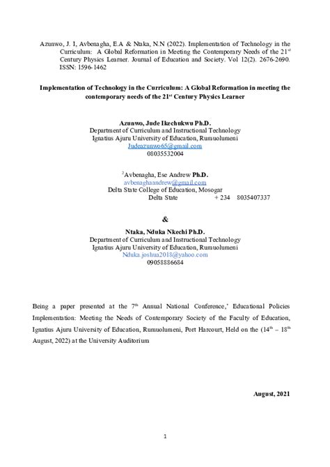 Doc Implementation Of Technology In The Curriculum A Global Reformation In Meeting The