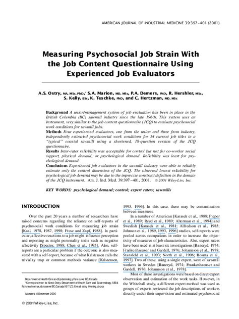 Pdf Measuring Psychosocial Job Strain With The Job Content