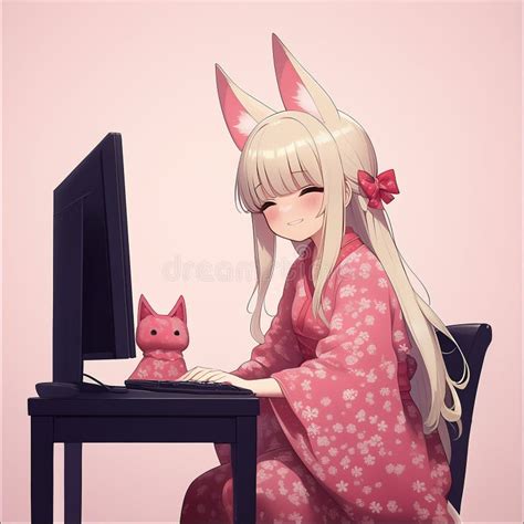 Anime Girl Using Computer With Pink Cat Stock Illustration