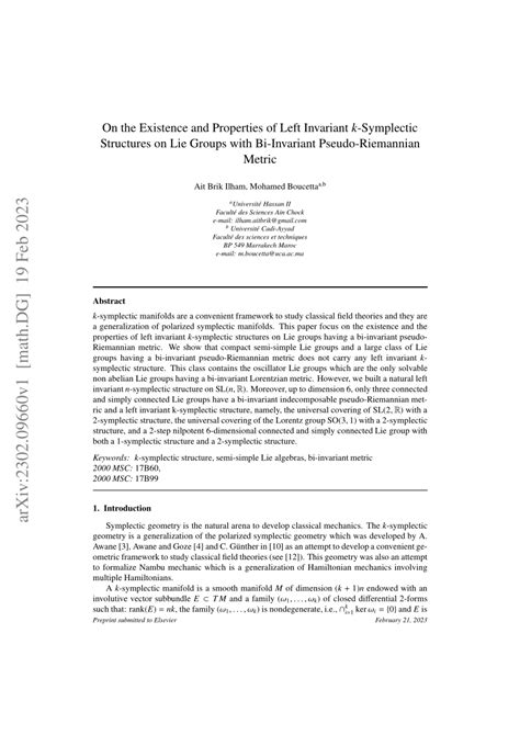 PDF On The Existence And Properties Of Left Invariant K Symplectic Structures On Lie Groups