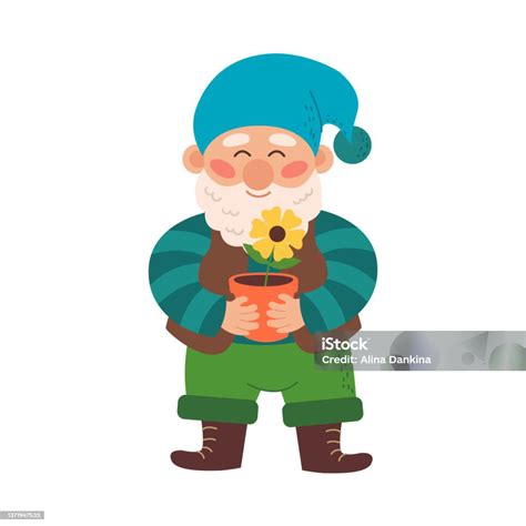 수염을 가진 행복한 귀여운 작은 정원 노움 꽃을 들고 있는 엘프 흰색 배경에 고립 된 동화 캐릭터의 벡터 그림 귀여운에 대한 스톡 벡터 아트 및 기타 이미지 Istock