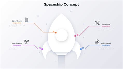 우주 로켓 또는 종이 흰색 우주선은 4 가지 옵션에 연결됩니다 시작 프로젝트 출시의 네 가지 요소의 개념 간단한 인포그래픽 디자인 템플릿입니다 프리젠 테이션을위한 현대적인