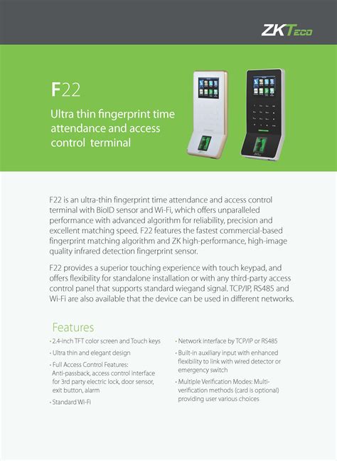 Zk F22 Wifi Zk รุ่น F22 Wifi เครื่องสแกนลายนิ้วมือและควบคุมการเปิด ปิด ประตู Hip Finger Scan