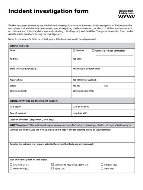 Fillable Online Incident Investigation Form Workers Health And Safety Centre Fax Email Print