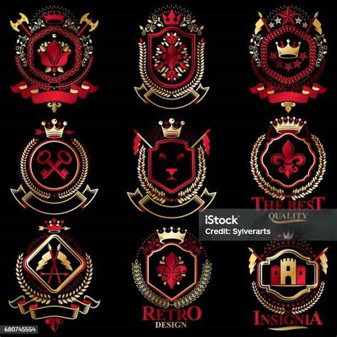 팔의 벡터 고급 전령 코트입니다 빈티지 디자인에 양식에 일치시키는 Blazons의 컬렉션은 그래픽 요소 왕실 왕관과 플래그 별 타워 병기 종교 십자가로 만들었습니다 중세에