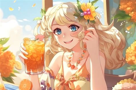Premium Photo Cute Happy Anime Girl With A Glass Of Tropic Juice