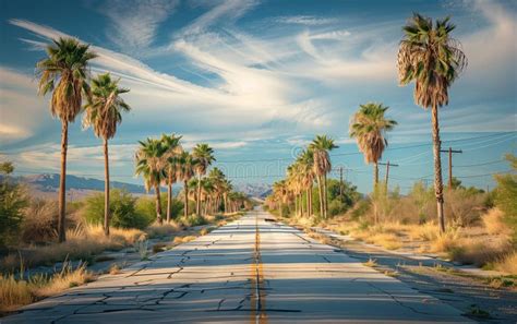 Centralized Image Of Cement Road With A Row Of Palm Trees At Each Side