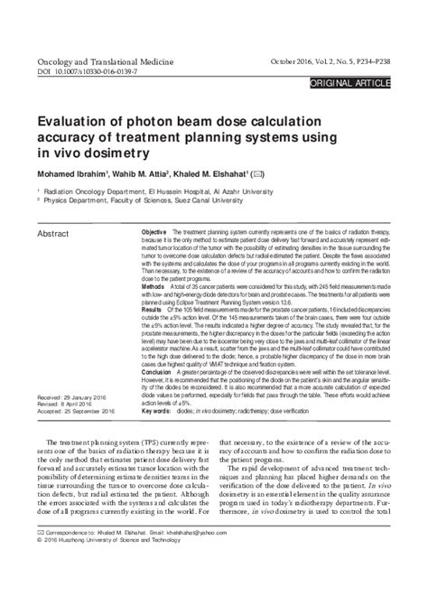 Pdf Evaluation Of Photon Beam Dose Calculation Accuracy Of Treatment Planning Systems Using In