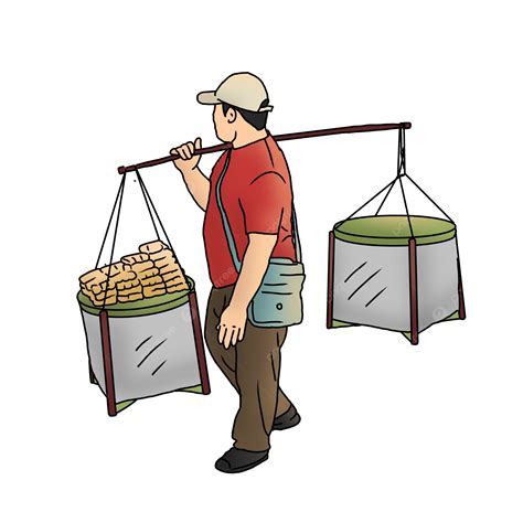 رسم كاريكاتوري لبائع متجول يحمل بالانكوين مملوء بالطعام كرتون بائع