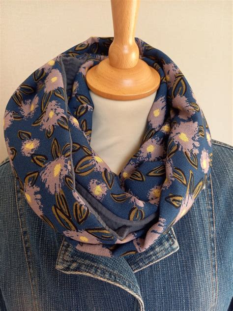 Womens Double Snood Scarf Flower Pattern Fabric Blue Viscose And