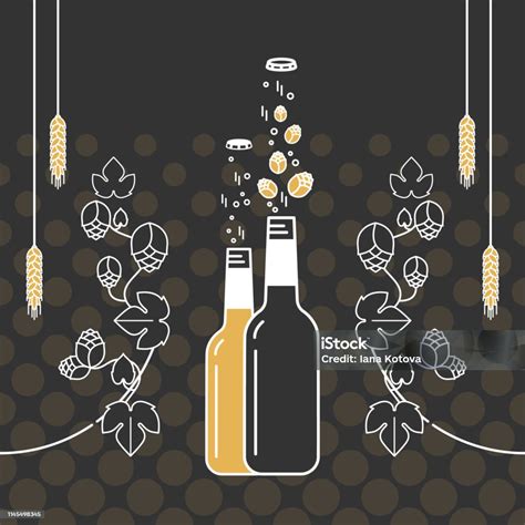 맥주 병 장식용 홉 분기 및 밀 귀 벡터 아이콘입니다 양조 재료와 맥주 공예 양조장 술집 바 레스토랑에 대 한 그림 현대적인 선