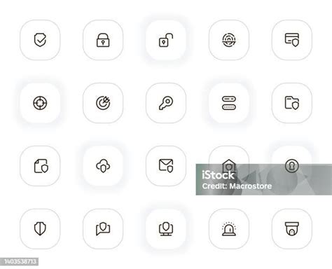 보호 및 보안 라인 아이콘 설정 방패 자물쇠 지문 암호 및 기타 버튼 웹 및 Ui Ux 모바일 앱 디자인을위한 벡터 개요