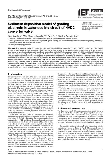 Pdf Sediment Deposition Model Of Grading Electrode In Water Cooling Circuit Of Hvdc Converter