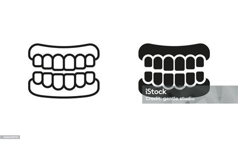 인간의 턱 해부학은 치아 실루엣과 선 아이콘이 설정되어 있습니다 False Tooth Teeth Prosthesis 픽토그램 건강한 미소 구강 위생 치과 치과 치료 표지판