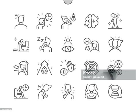 편두통 두통 고통 문제 스트레스 불행과 우울 건강 관리 의료 및 의학 픽셀 완벽한 벡터 얇은 선 아이콘 간단한 최소 그림 아이콘에 대한 스톡 벡터 아트 및 기타 이미지