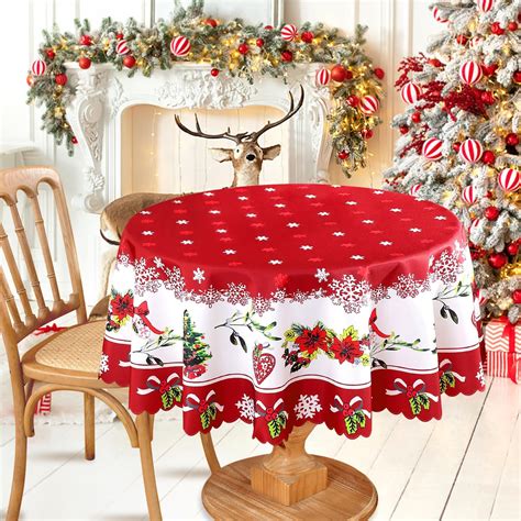 Arpovist Christmas Tablecloth Round 59 Inch Poinsettia Bow