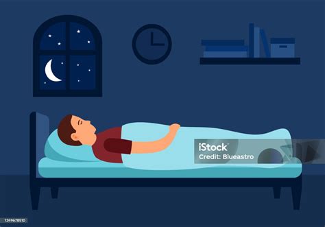 평평한 디자인의 담요 아래에서 침대에서 자고있는 남자 남자는 밤에 침실에서 잠을 달 하늘에 대한 스톡 벡터 아트 및 기타 이미지