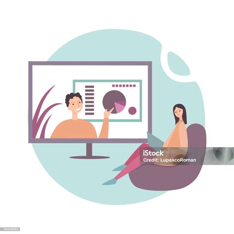 화상 회의 및 웹 통신의 개념 온라인 팀 회의 웃는 남자와 여자는 원격으로 일하고 기업 가상 토론을합니다 플랫 만화 스타일의 벡터 일러스트 레이 션 Brand Name