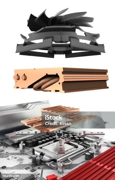 프로세서 및 냉각 시스템이 흰색 배경 3d 렌더링에 고립 된 형태로 분해 된 마더보드 0명에 대한 스톡 사진 및 기타 이미지 0명 Cpu Fashion Show