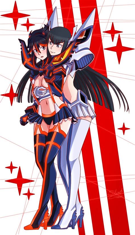 Two Anime Girls Standing Next To Each Other On A Red And White